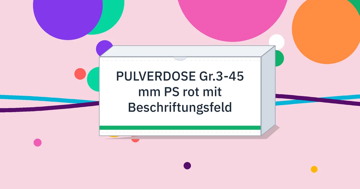 Symbolbild: Packung mit der Aufschrift PULVERDOSE Gr.3-45 mm PS rot mit Beschriftungsfeld (PZN 18188091) – Verfügbarkeit und Bezug in Apotheken in Frankfurt am Main