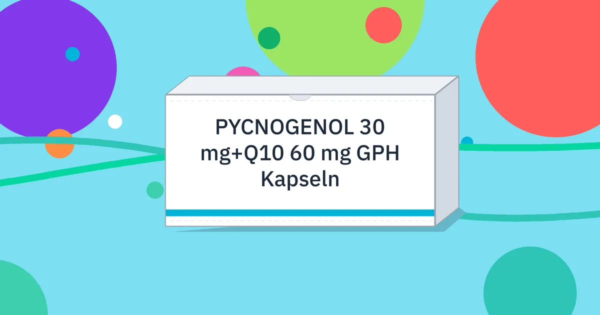 Symbolbild: Packung mit der Aufschrift PYCNOGENOL 30 mg+Q10 60 mg GPH Kapseln (PZN 06923183) – Verfügbarkeit und Bezug in Apotheken in Frankfurt am Main