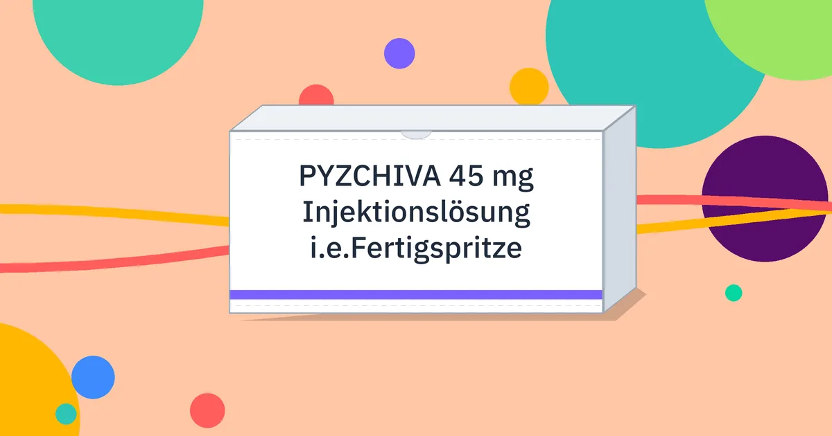 Symbolbild: Packung mit der Aufschrift PYZCHIVA 45 mg Injektionslösung i.e.Fertigspritze (PZN 19149354) – Verfügbarkeit und Bezug in Apotheken in Frankfurt am Main