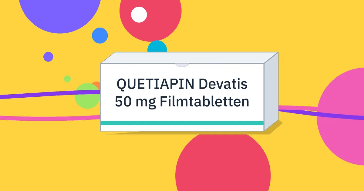 Symbolbild: Packung mit der Aufschrift QUETIAPIN Devatis 50 mg Filmtabletten (PZN 17235782) – Verfügbarkeit und Bezug in Apotheken in Frankfurt am Main