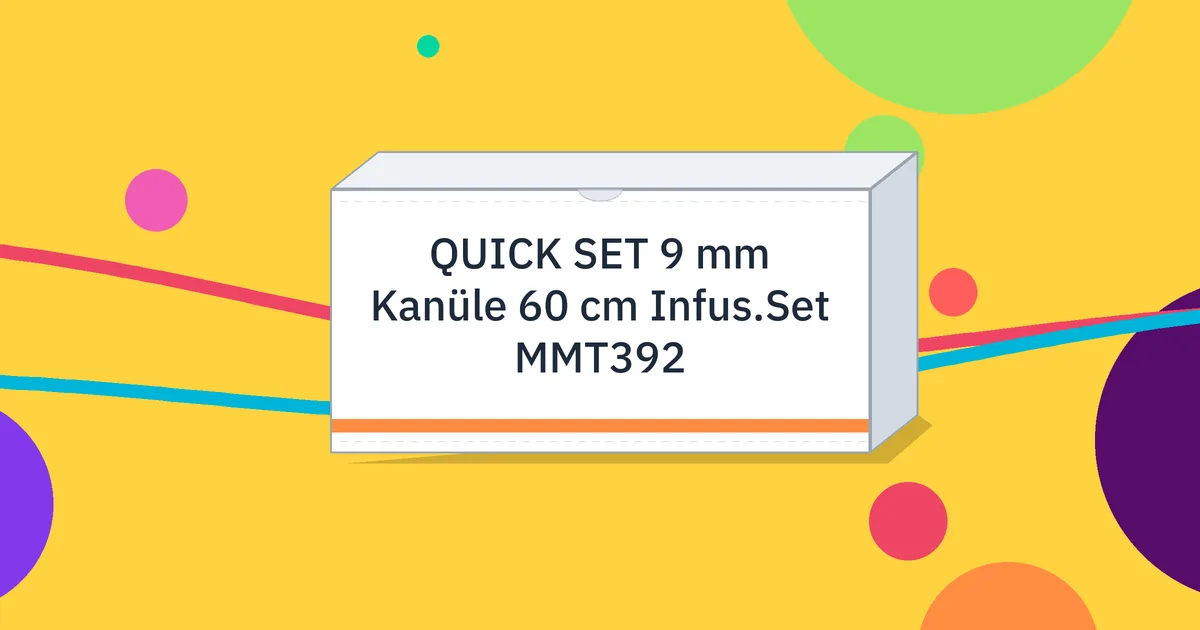 Symbolbild: Packung mit der Aufschrift QUICK SET 9 mm Kanüle 60 cm Infus.Set MMT392 (PZN 14201096) – Verfügbarkeit und Bezug in Apotheken in Frankfurt am Main