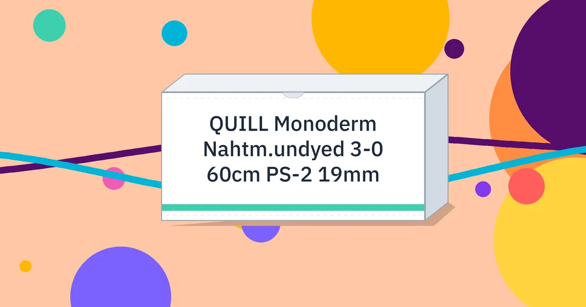 Symbolbild: Packung mit der Aufschrift QUILL Monoderm Nahtm.undyed 3-0 60cm PS-2 19mm (PZN 17988010) – Verfügbarkeit und Bezug in Apotheken in Frankfurt am Main