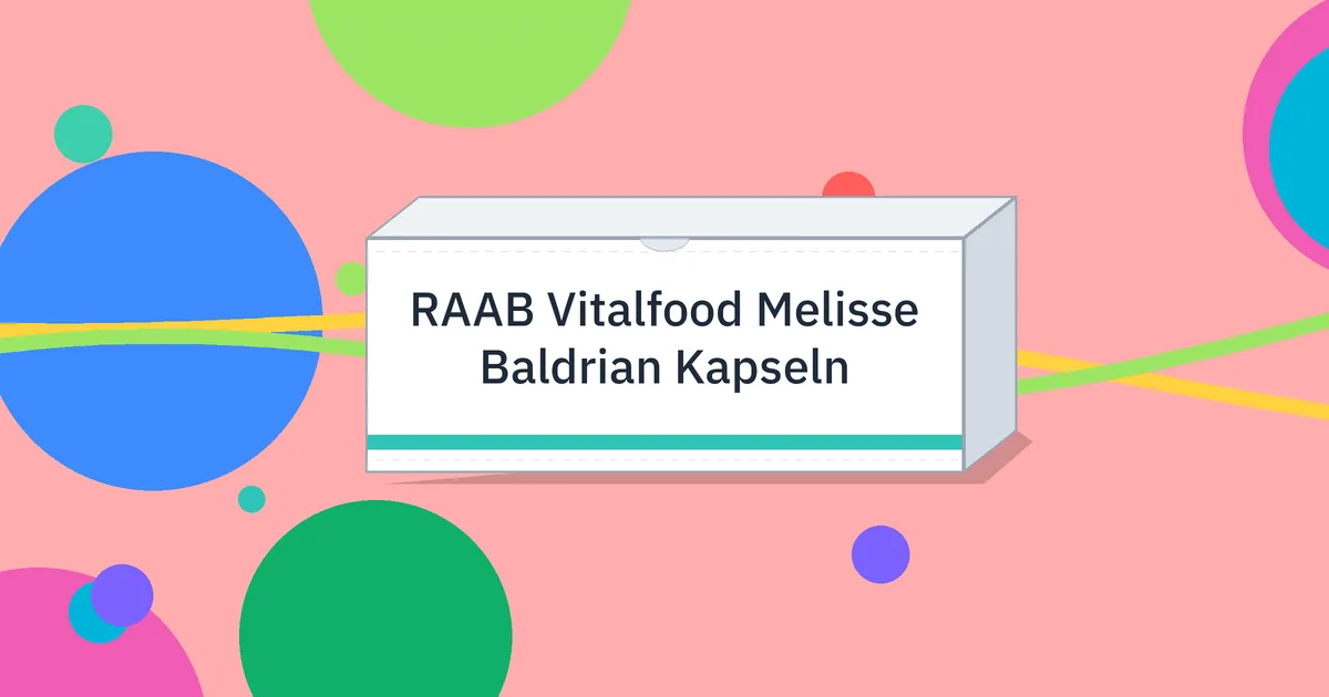 Symbolbild: Packung mit der Aufschrift RAAB Vitalfood Melisse Baldrian Kapseln (PZN 19305452) – Verfügbarkeit und Bezug in Apotheken in Frankfurt am Main