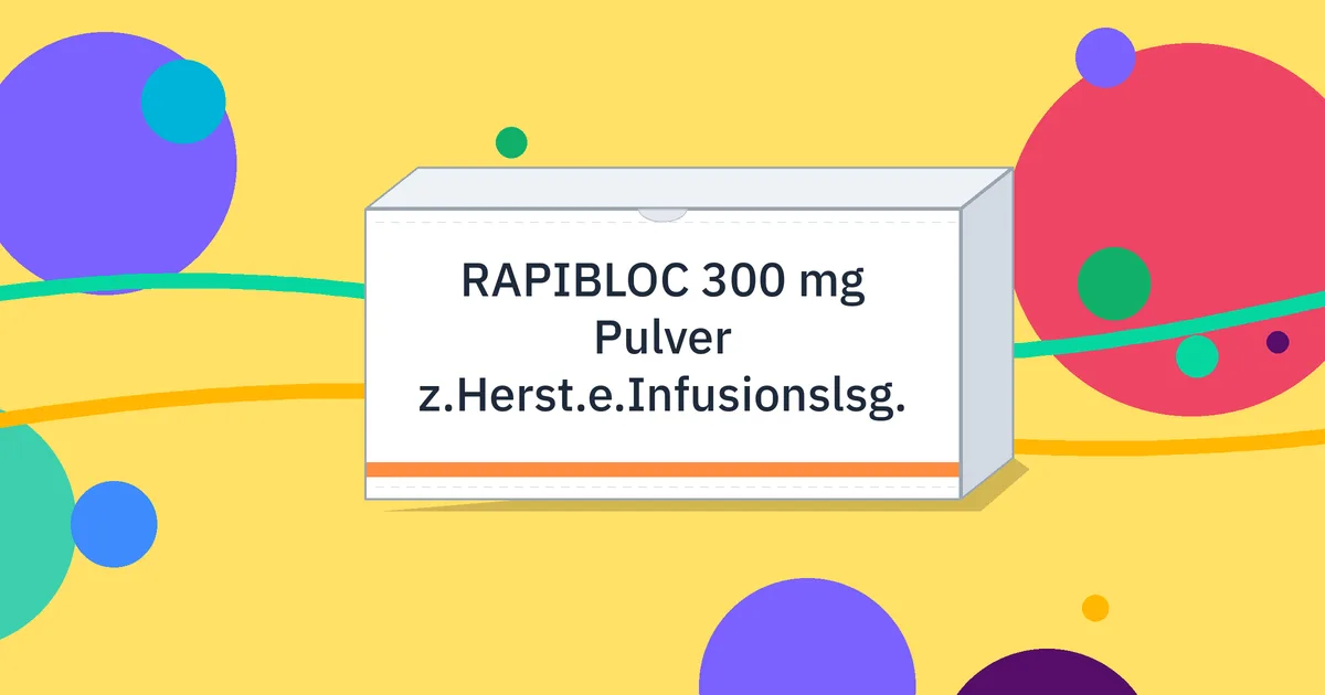 Symbolbild: Packung mit der Aufschrift RAPIBLOC 300 mg Pulver z.Herst.e.Infusionslsg. (PZN 13249066) – Verfügbarkeit und Bezug in Apotheken in Frankfurt am Main