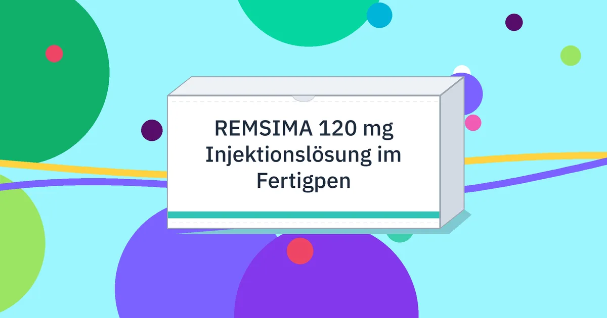 Symbolbild: Packung mit der Aufschrift REMSIMA 120 mg Injektionslösung im Fertigpen (PZN 19058611) – Verfügbarkeit und Bezug in Apotheken in Frankfurt am Main