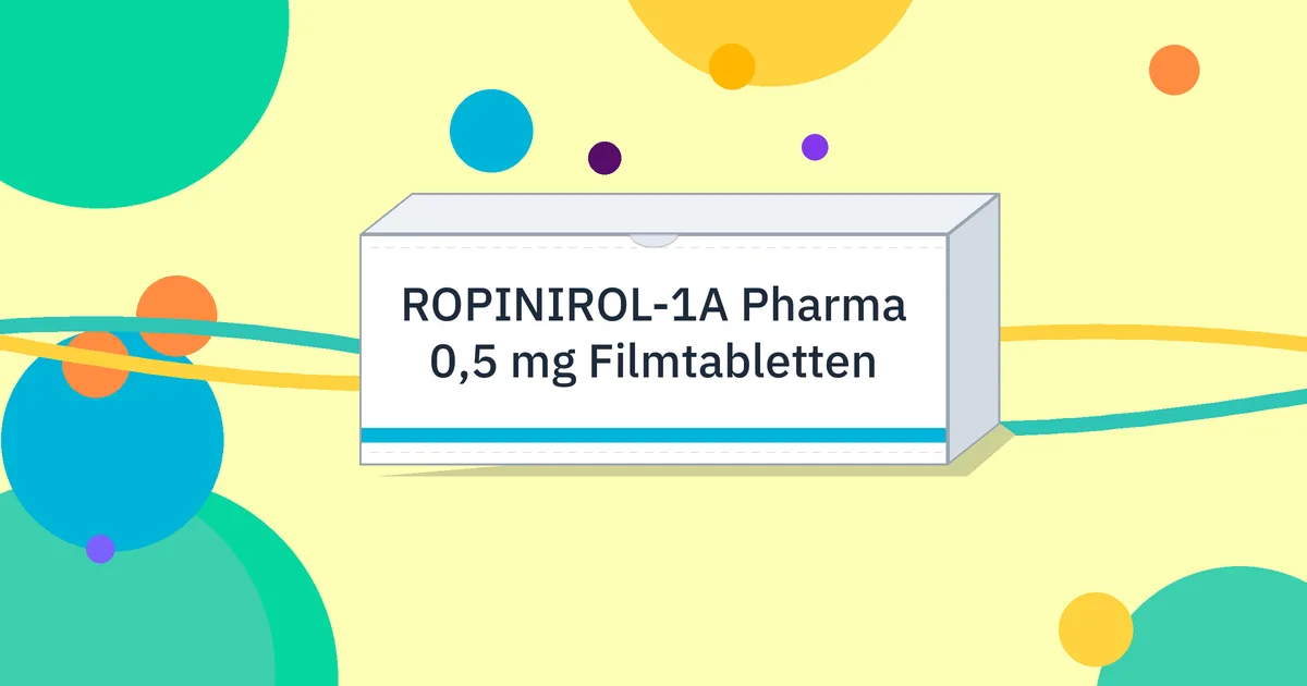 Symbolbild: Packung mit der Aufschrift ROPINIROL-1A Pharma 0,5 mg Filmtabletten (PZN 05460232) – Verfügbarkeit und Bezug in Apotheken in Frankfurt am Main