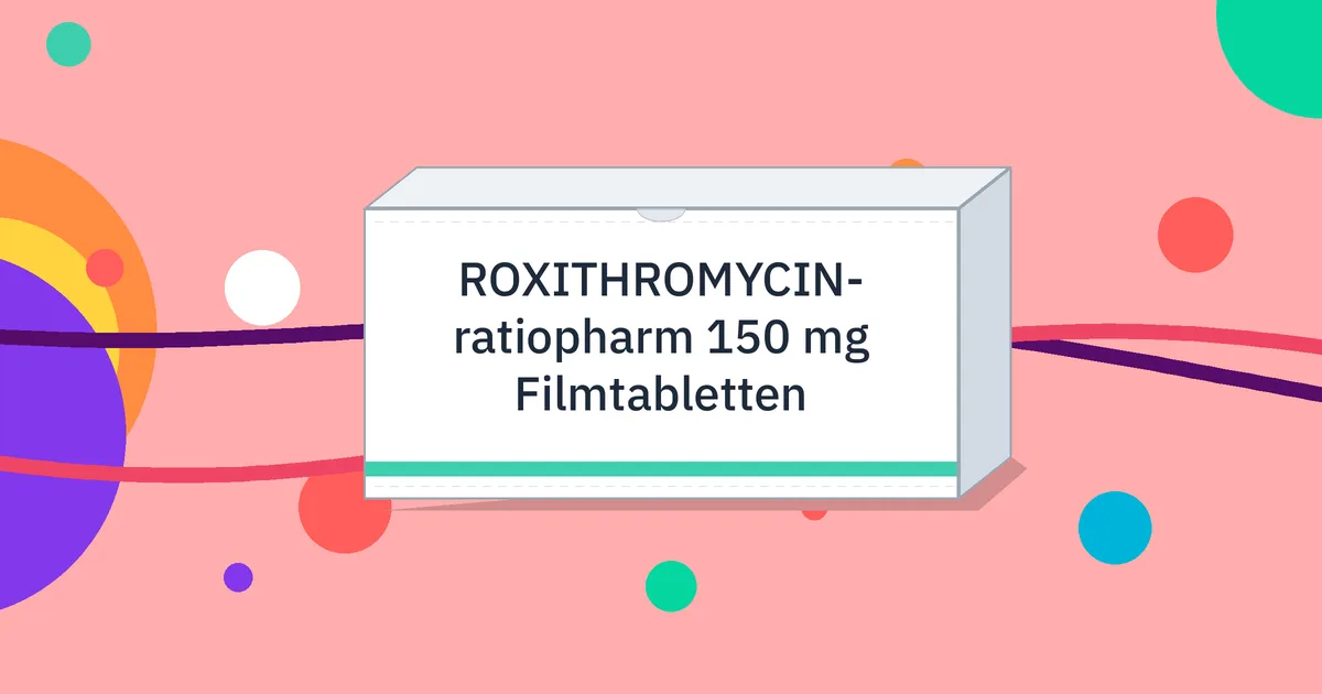 Symbolbild: Packung mit der Aufschrift ROXITHROMYCIN-ratiopharm 150 mg Filmtabletten (PZN 01409961) – Verfügbarkeit und Bezug in Apotheken in Frankfurt am Main