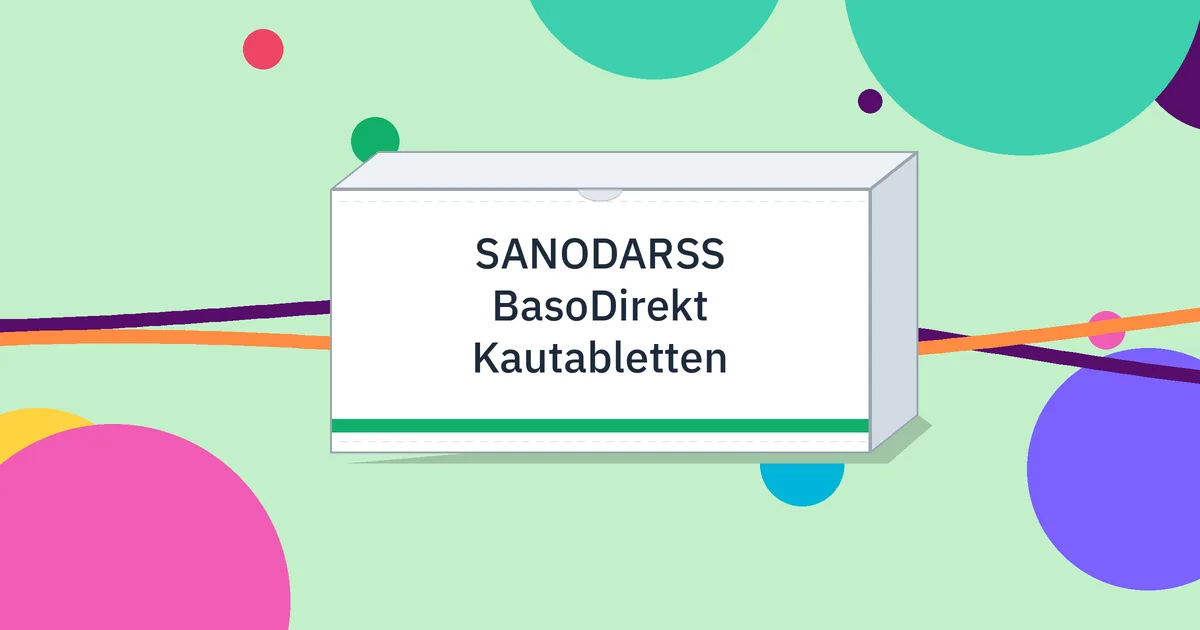 Symbolbild: Packung mit der Aufschrift SANODARSS BasoDirekt Kautabletten (PZN 17885770) – Verfügbarkeit und Bezug in Apotheken in Frankfurt am Main