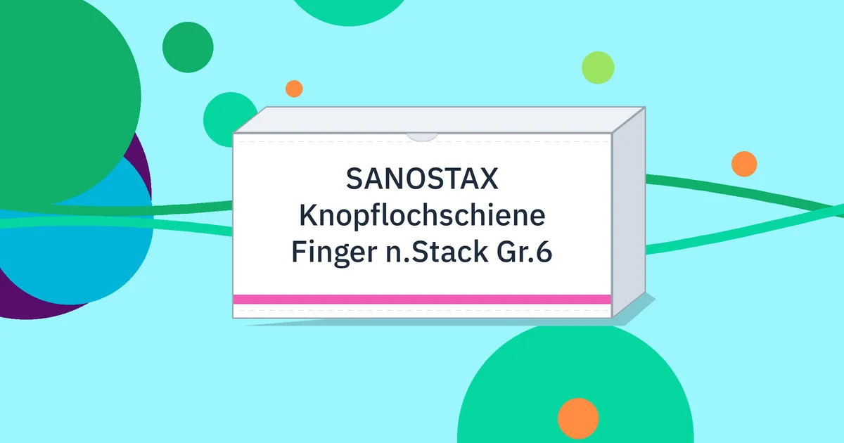 Symbolbild: Packung mit der Aufschrift SANOSTAX Knopflochschiene Finger n.Stack Gr.6 (PZN 16000002) – Verfügbarkeit und Bezug in Apotheken in Frankfurt am Main