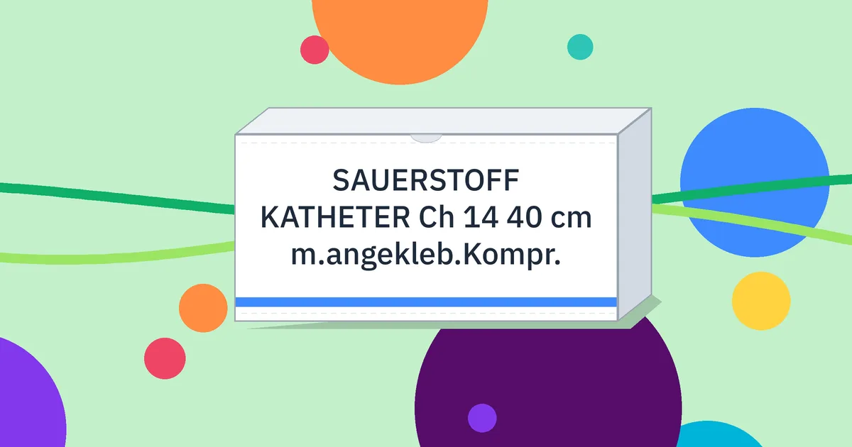 Symbolbild: Packung mit der Aufschrift SAUERSTOFF KATHETER Ch 14 40 cm m.angekleb.Kompr. (PZN 02099936) – Verfügbarkeit und Bezug in Apotheken in Frankfurt am Main