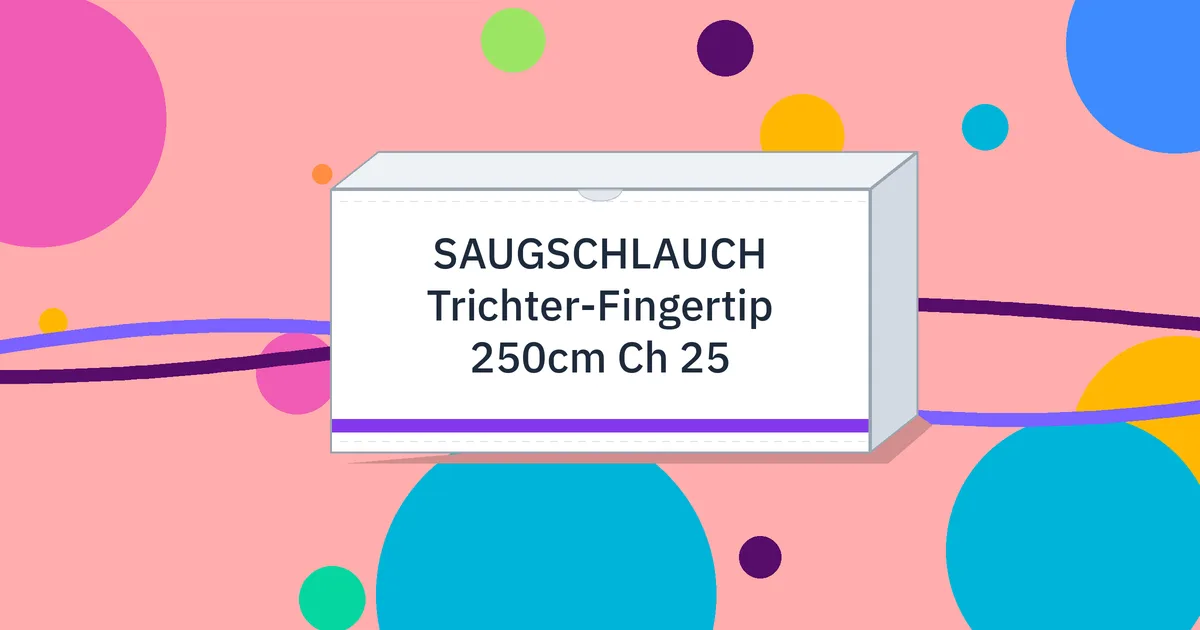 Symbolbild: Packung mit der Aufschrift SAUGSCHLAUCH Trichter-Fingertip 250cm Ch 25 (PZN 13818794) – Verfügbarkeit und Bezug in Apotheken in Frankfurt am Main
