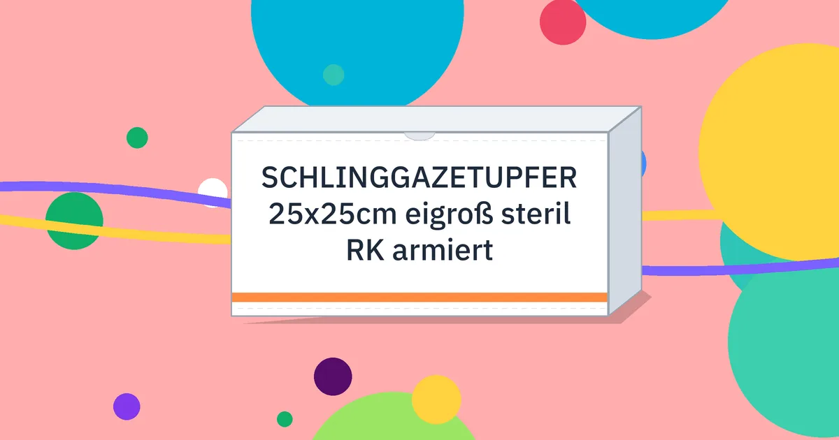 Symbolbild: Packung mit der Aufschrift SCHLINGGAZETUPFER 25x25cm eigroß steril RK armiert (PZN 16145195) – Verfügbarkeit und Bezug in Apotheken in Frankfurt am Main