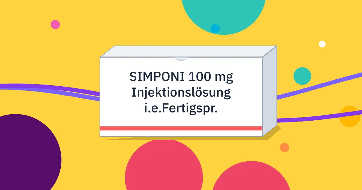 Symbolbild: Packung mit der Aufschrift SIMPONI 100 mg Injektionslösung i.e.Fertigspr. (PZN 16657877) – Verfügbarkeit und Bezug in Apotheken in Frankfurt am Main