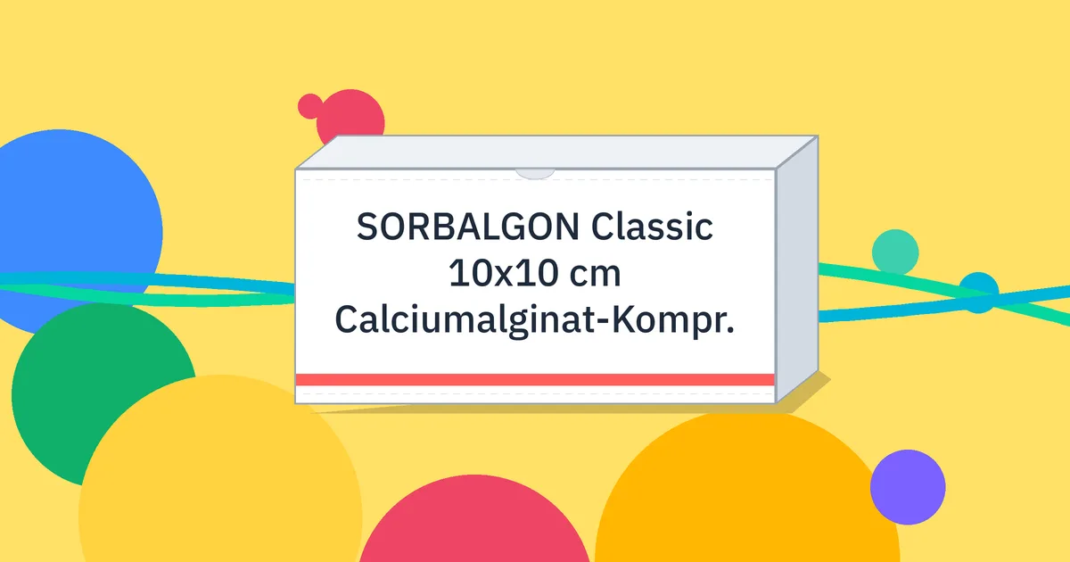 Symbolbild: Packung mit der Aufschrift SORBALGON Classic 10x10 cm Calciumalginat-Kompr. (PZN 18303899) – Verfügbarkeit und Bezug in Apotheken in Frankfurt am Main