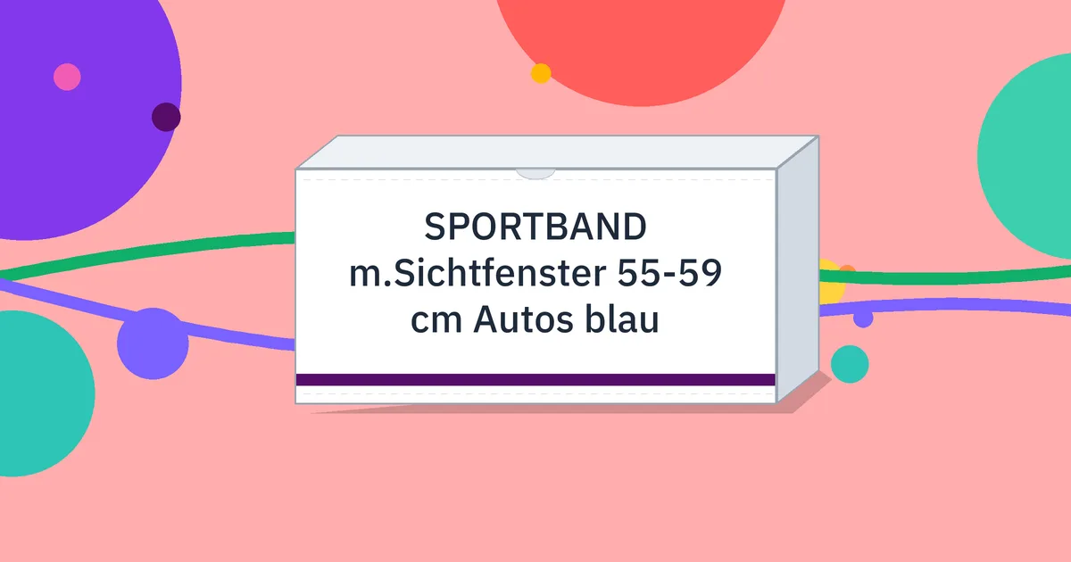Symbolbild: Packung mit der Aufschrift SPORTBAND m.Sichtfenster 55-59 cm Autos blau (PZN 13916025) – Verfügbarkeit und Bezug in Apotheken in Frankfurt am Main