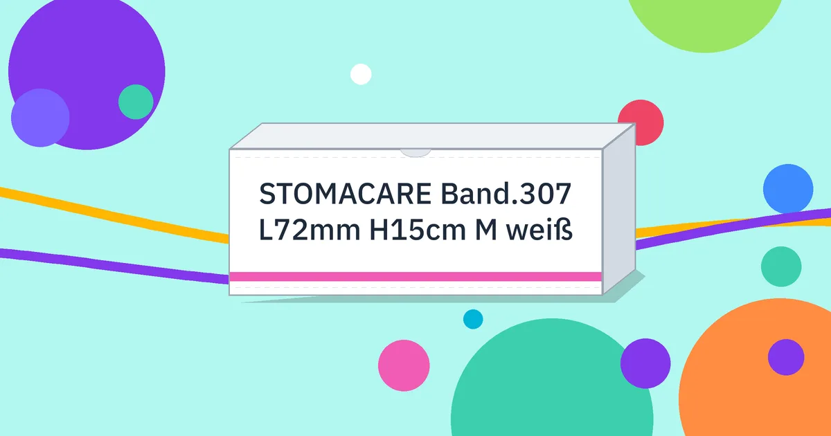 Symbolbild: Packung mit der Aufschrift STOMACARE Band.307 L72mm H15cm M weiß (PZN 07663525) – Verfügbarkeit und Bezug in Apotheken in Frankfurt am Main