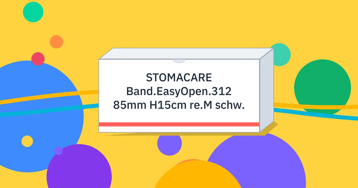 Symbolbild: Packung mit der Aufschrift STOMACARE Band.EasyOpen.312 85mm H15cm re.M schw. (PZN 09438086) – Verfügbarkeit und Bezug in Apotheken in Frankfurt am Main