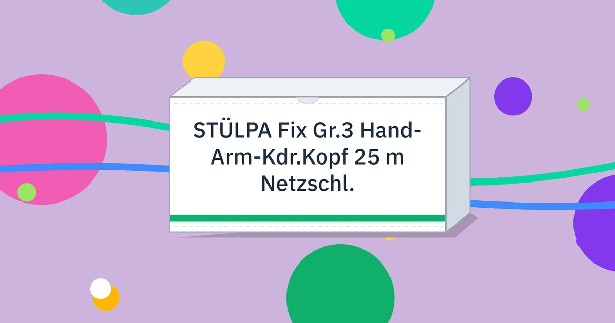 Symbolbild: Packung mit der Aufschrift STÜLPA Fix Gr.3 Hand-Arm-Kdr.Kopf 25 m Netzschl. (PZN 19703856) – Verfügbarkeit und Bezug in Apotheken in Frankfurt am Main
