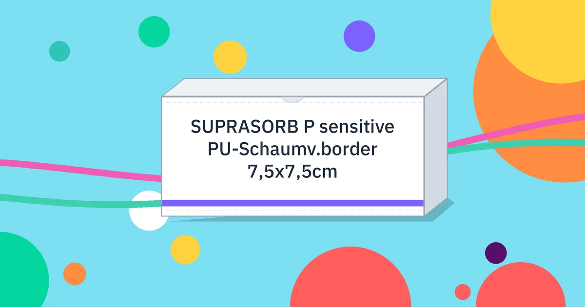 Symbolbild: Packung mit der Aufschrift SUPRASORB P sensitive PU-Schaumv.border 7,5x7,5cm (PZN 19373442) – Verfügbarkeit und Bezug in Apotheken in Frankfurt am Main