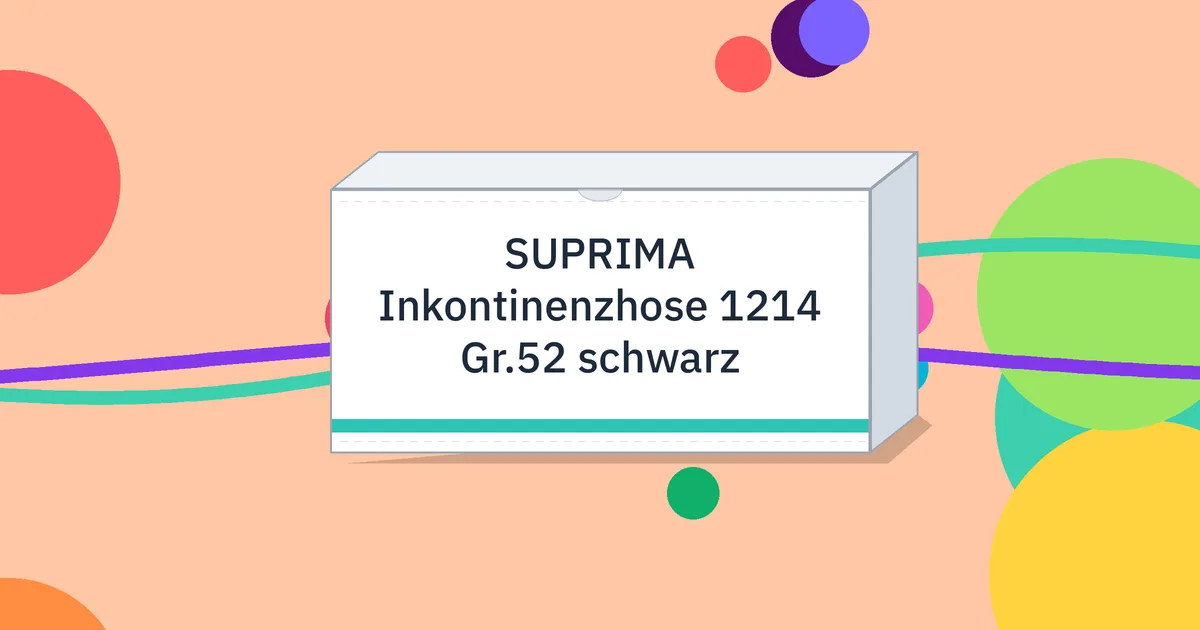 Symbolbild: Packung mit der Aufschrift SUPRIMA Inkontinenzhose 1214 Gr.52 schwarz (PZN 02853020) – Verfügbarkeit und Bezug in Apotheken in Frankfurt am Main