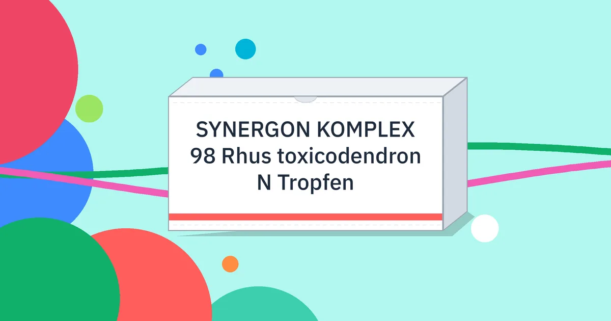 Symbolbild: Packung mit der Aufschrift SYNERGON KOMPLEX 98 Rhus toxicodendron N Tropfen (PZN 03575132) – Verfügbarkeit und Bezug in Apotheken in Frankfurt am Main