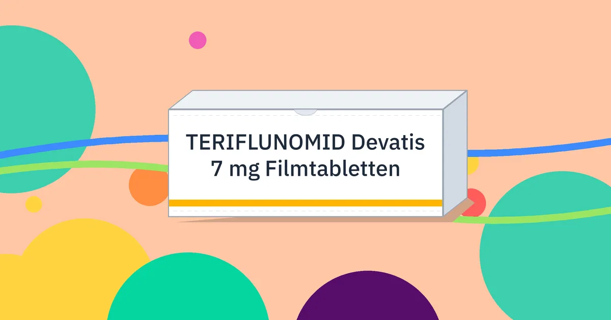 Symbolbild: Packung mit der Aufschrift TERIFLUNOMID Devatis 7 mg Filmtabletten (PZN 19263920) – Verfügbarkeit und Bezug in Apotheken in Frankfurt am Main