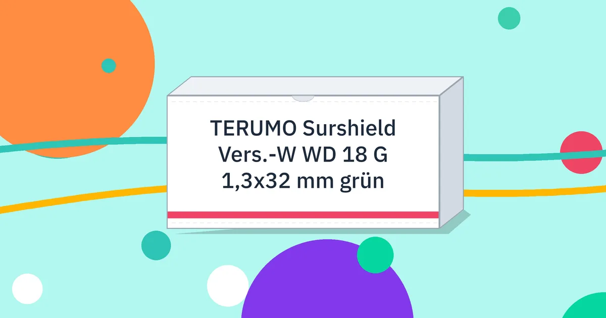 Symbolbild: Packung mit der Aufschrift TERUMO Surshield Vers.-W WD 18 G 1,3x32 mm grün (PZN 17630722) – Verfügbarkeit und Bezug in Apotheken in Frankfurt am Main