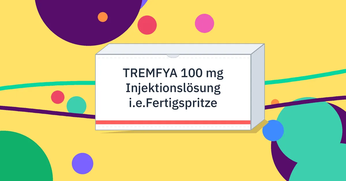 Symbolbild: Packung mit der Aufschrift TREMFYA 100 mg Injektionslösung i.e.Fertigspritze (PZN 14358797) – Verfügbarkeit und Bezug in Apotheken in Frankfurt am Main