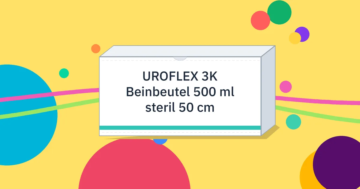Symbolbild: Packung mit der Aufschrift UROFLEX 3K Beinbeutel 500 ml steril 50 cm (PZN 14168594) – Verfügbarkeit und Bezug in Apotheken in Frankfurt am Main