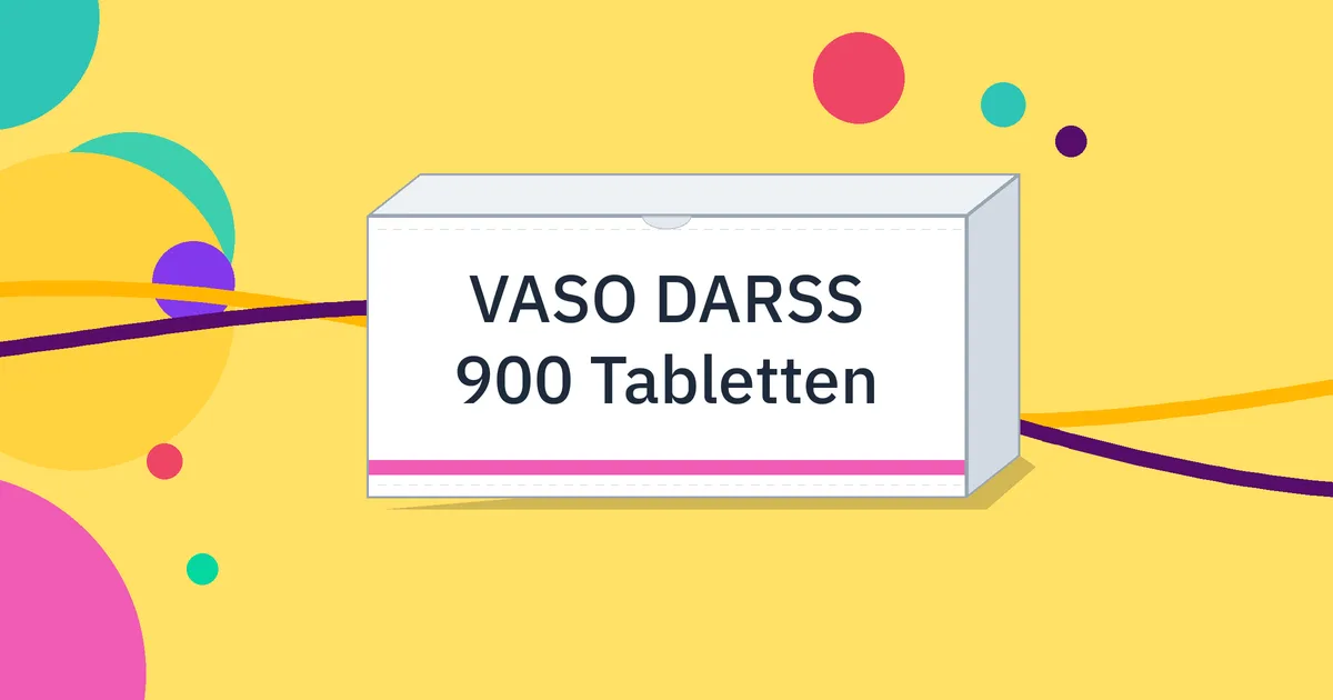 Symbolbild: Packung mit der Aufschrift VASO DARSS 900 Tabletten (PZN 08489294) – Verfügbarkeit und Bezug in Apotheken in Frankfurt am Main