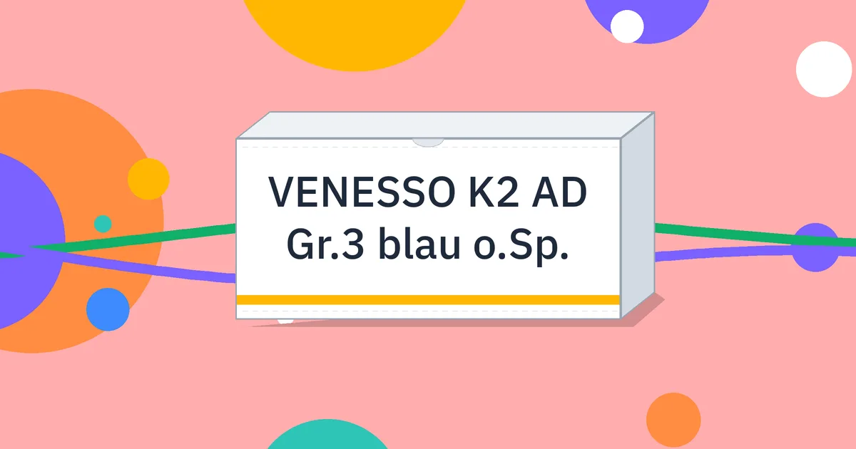 Symbolbild: Packung mit der Aufschrift VENESSO K2 AD Gr.3 blau o.Sp. (PZN 03260322) – Verfügbarkeit und Bezug in Apotheken in Frankfurt am Main