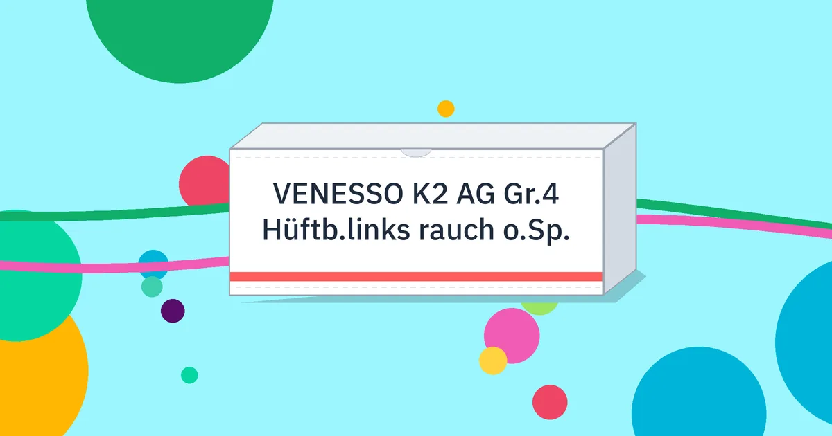 Symbolbild: Packung mit der Aufschrift VENESSO K2 AG Gr.4 Hüftb.links rauch o.Sp. (PZN 03269636) – Verfügbarkeit und Bezug in Apotheken in Frankfurt am Main