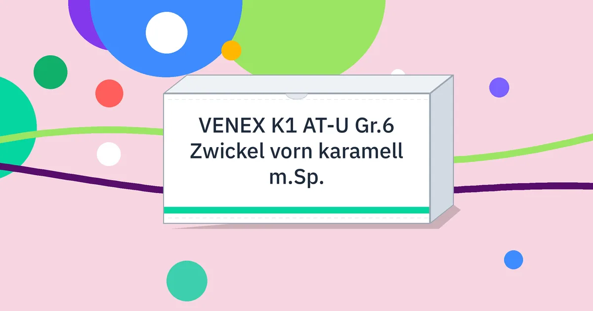 Symbolbild: Packung mit der Aufschrift VENEX K1 AT-U Gr.6 Zwickel vorn karamell m.Sp. (PZN 13759376) – Verfügbarkeit und Bezug in Apotheken in Frankfurt am Main