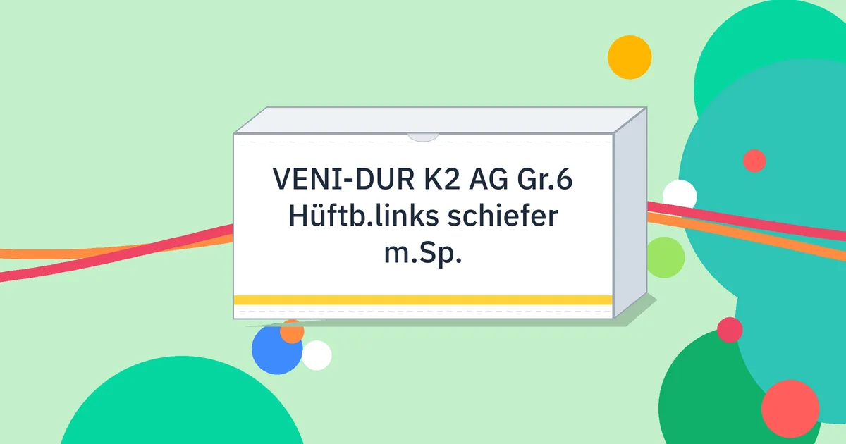 Symbolbild: Packung mit der Aufschrift VENI-DUR K2 AG Gr.6 Hüftb.links schiefer m.Sp. (PZN 03249421) – Verfügbarkeit und Bezug in Apotheken in Frankfurt am Main