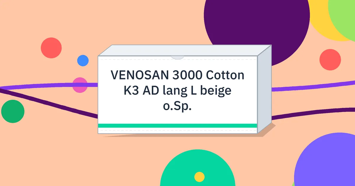 Symbolbild: Packung mit der Aufschrift VENOSAN 3000 Cotton K3 AD lang L beige o.Sp. (PZN 14421627) – Verfügbarkeit und Bezug in Apotheken in Frankfurt am Main