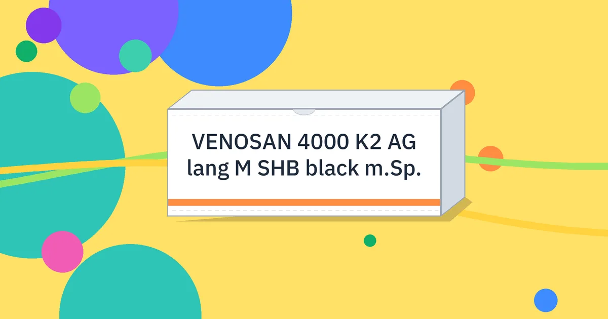 Symbolbild: Packung mit der Aufschrift VENOSAN 4000 K2 AG lang M SHB black m.Sp. (PZN 14427707) – Verfügbarkeit und Bezug in Apotheken in Frankfurt am Main