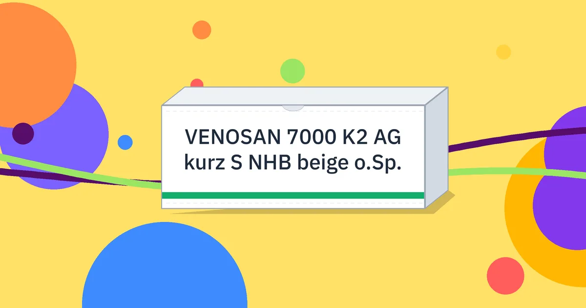Symbolbild: Packung mit der Aufschrift VENOSAN 7000 K2 AG kurz S NHB beige o.Sp. (PZN 14434819) – Verfügbarkeit und Bezug in Apotheken in Frankfurt am Main