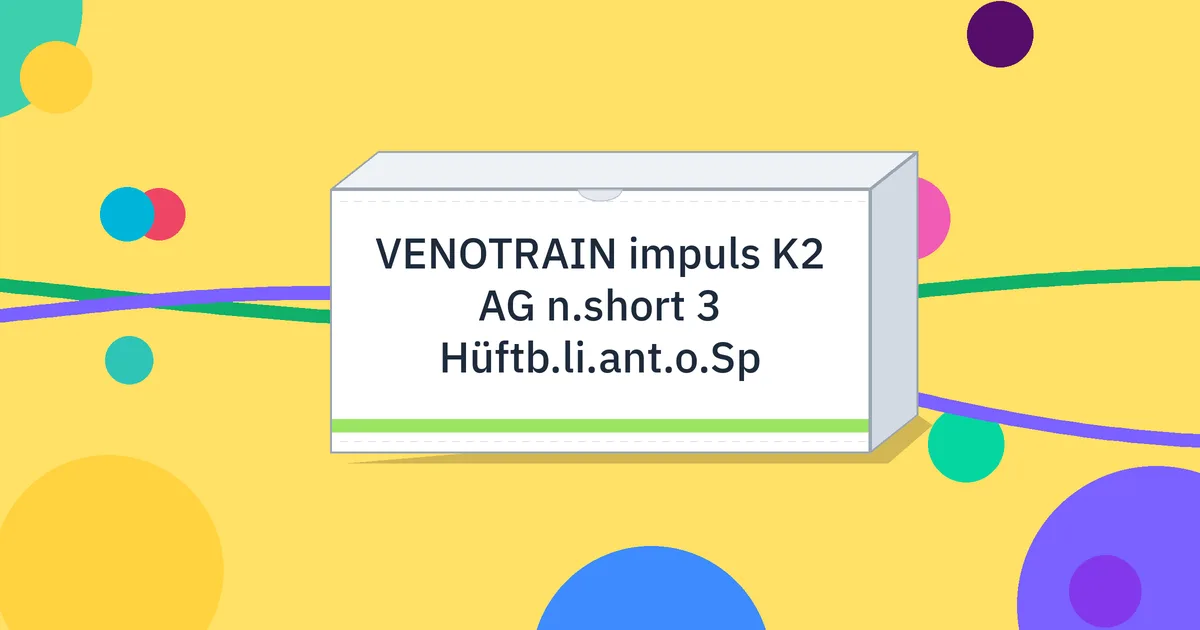 Symbolbild: Packung mit der Aufschrift VENOTRAIN impuls K2 AG n.short 3 Hüftb.li.ant.o.Sp (PZN 15219649) – Verfügbarkeit und Bezug in Apotheken in Frankfurt am Main