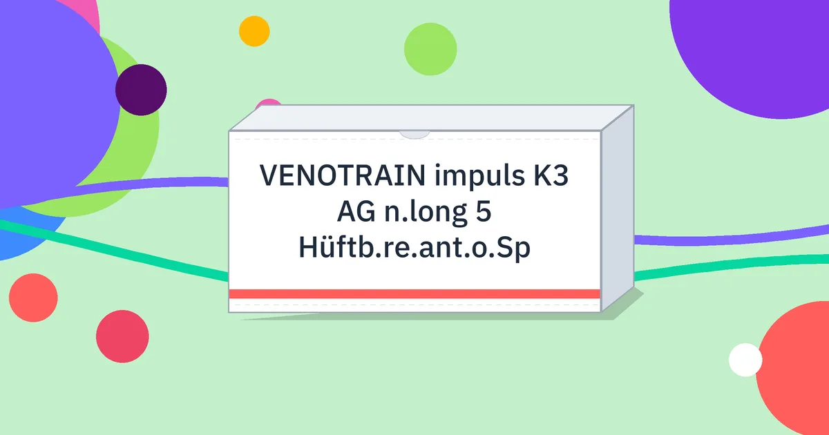 Symbolbild: Packung mit der Aufschrift VENOTRAIN impuls K3 AG n.long 5 Hüftb.re.ant.o.Sp (PZN 15218549) – Verfügbarkeit und Bezug in Apotheken in Frankfurt am Main