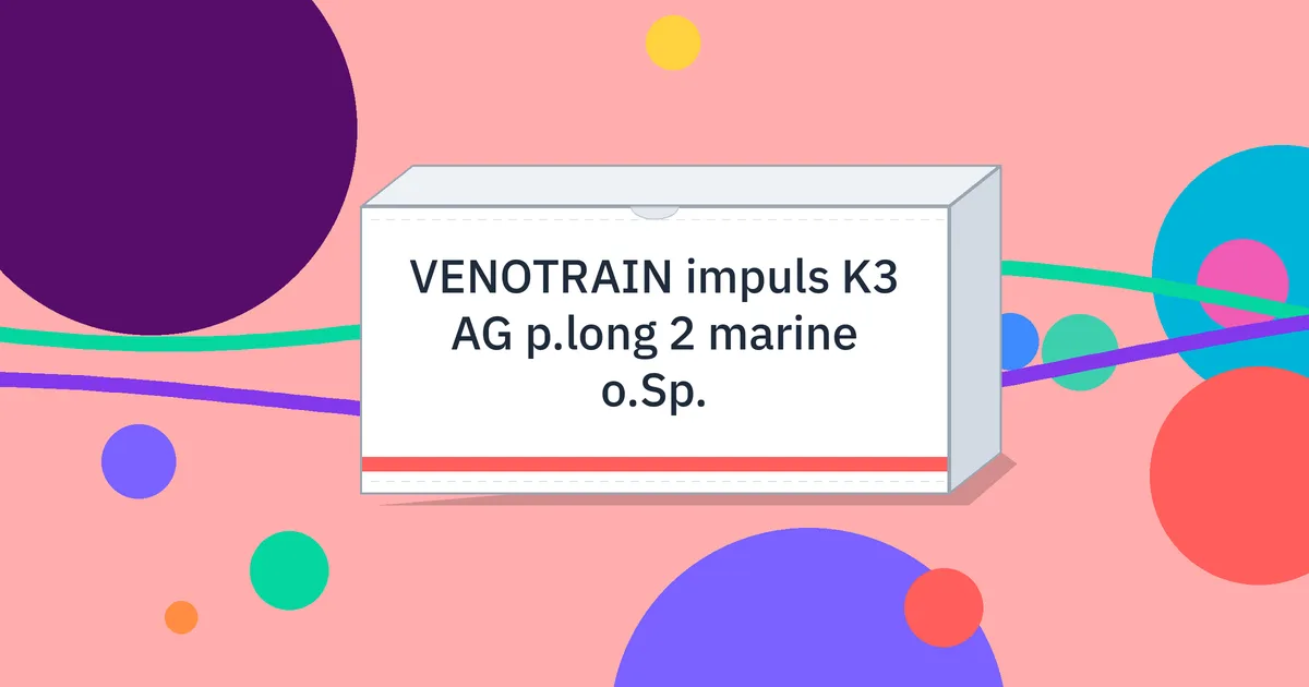 Symbolbild: Packung mit der Aufschrift VENOTRAIN impuls K3 AG p.long 2 marine o.Sp. (PZN 15213351) – Verfügbarkeit und Bezug in Apotheken in Frankfurt am Main
