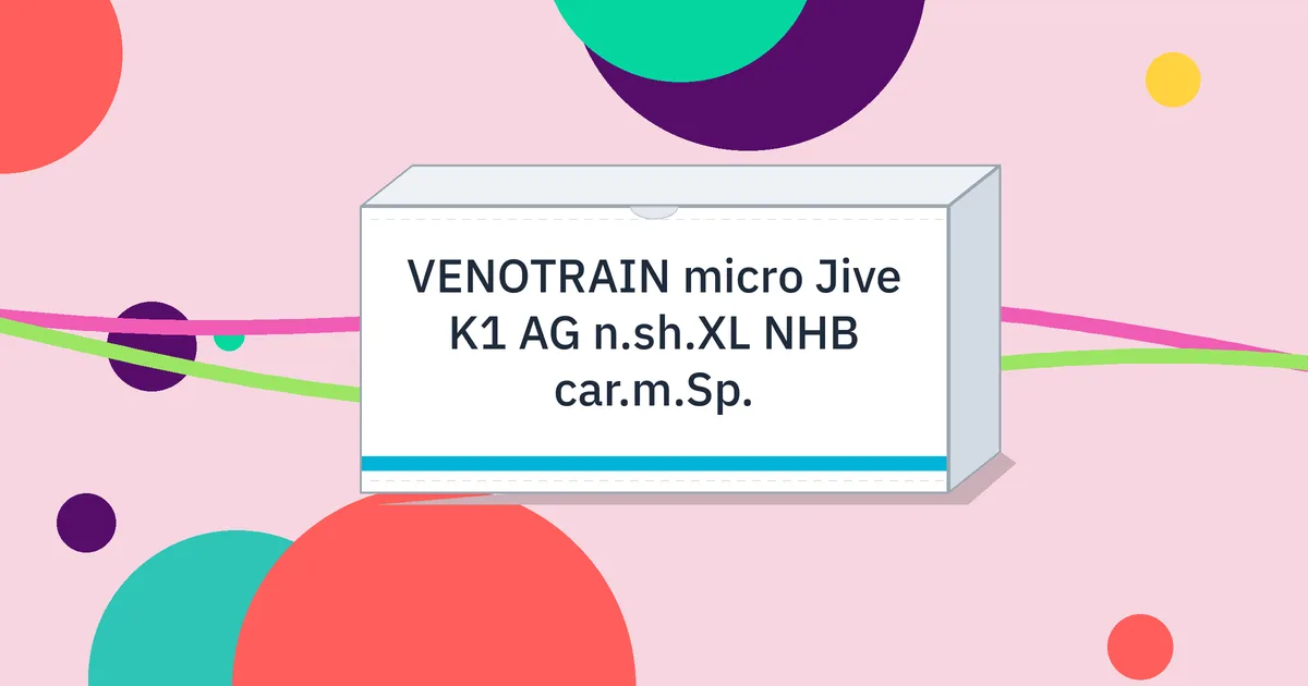 Symbolbild: Packung mit der Aufschrift VENOTRAIN micro Jive K1 AG n.sh.XL NHB car.m.Sp. (PZN 17764138) – Verfügbarkeit und Bezug in Apotheken in Frankfurt am Main