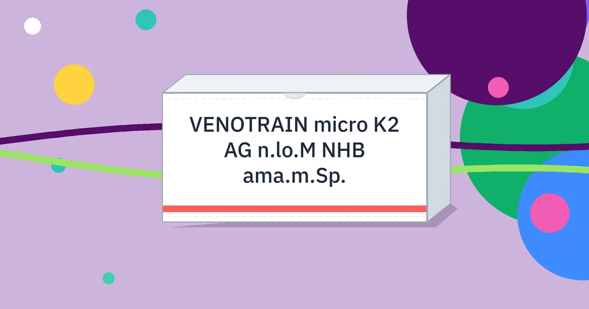 Symbolbild: Packung mit der Aufschrift VENOTRAIN micro K2 AG n.lo.M NHB ama.m.Sp. (PZN 02358059) – Verfügbarkeit und Bezug in Apotheken in Frankfurt am Main