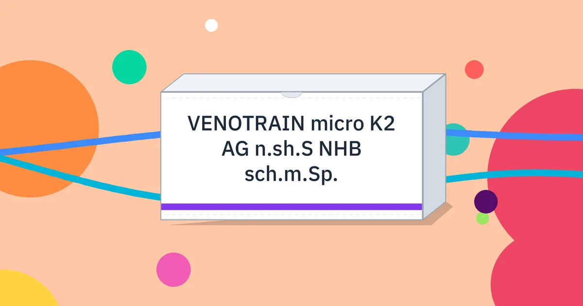Symbolbild: Packung mit der Aufschrift VENOTRAIN micro K2 AG n.sh.S NHB sch.m.Sp. (PZN 02357338) – Verfügbarkeit und Bezug in Apotheken in Frankfurt am Main