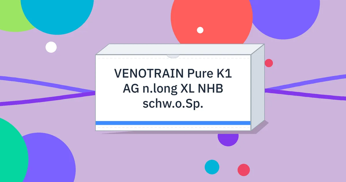 Symbolbild: Packung mit der Aufschrift VENOTRAIN Pure K1 AG n.long XL NHB schw.o.Sp. (PZN 18143042) – Verfügbarkeit und Bezug in Apotheken in Frankfurt am Main