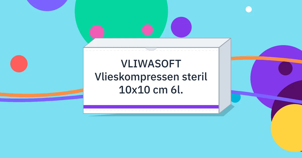 Symbolbild: Packung mit der Aufschrift VLIWASOFT Vlieskompressen steril 10x10 cm 6l. (PZN 15320851) – Verfügbarkeit und Bezug in Apotheken in Frankfurt am Main