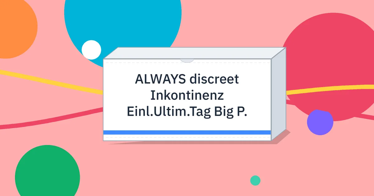 Symbolbild: Packung mit der Aufschrift ALWAYS discreet Inkontinenz Einl.Ultim.Tag Big P. (PZN 18599463) – Verfügbarkeit und Bezug in Apotheken in Frankfurt am Main