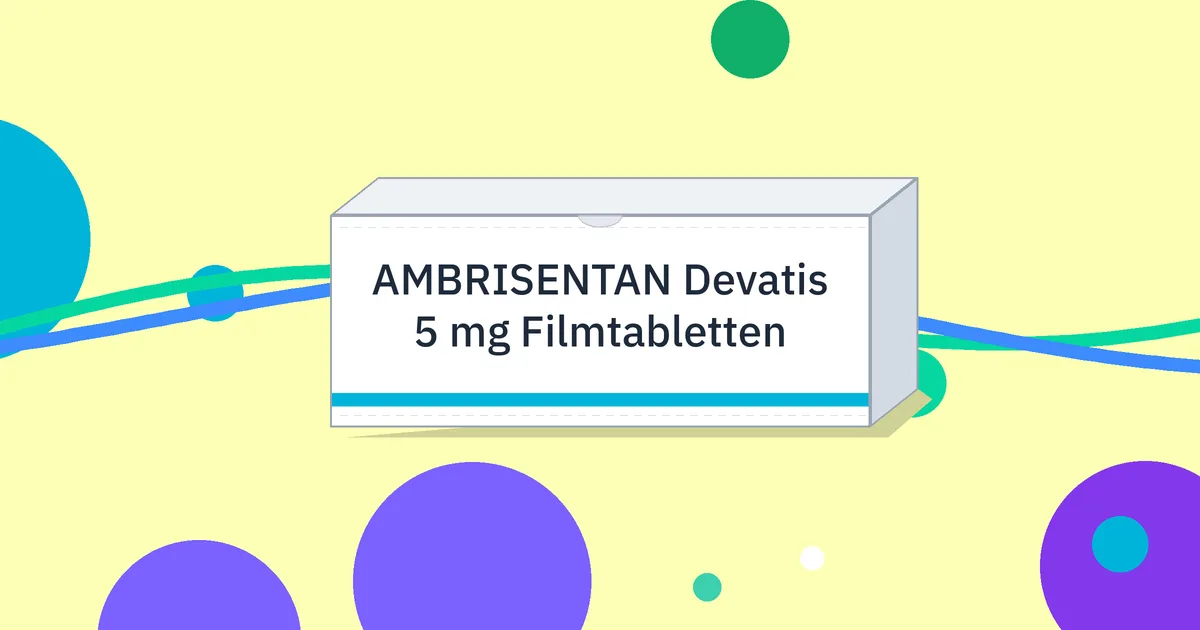Symbolbild: Packung mit der Aufschrift AMBRISENTAN Devatis 5 mg Filmtabletten (PZN 16607000) – Verfügbarkeit und Bezug in Apotheken in Frankfurt am Main