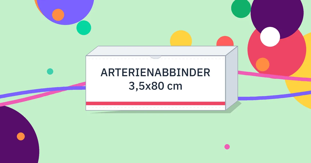 Symbolbild: Packung mit der Aufschrift ARTERIENABBINDER 3,5x80 cm (PZN 01723947) – Verfügbarkeit und Bezug in Apotheken in Frankfurt am Main