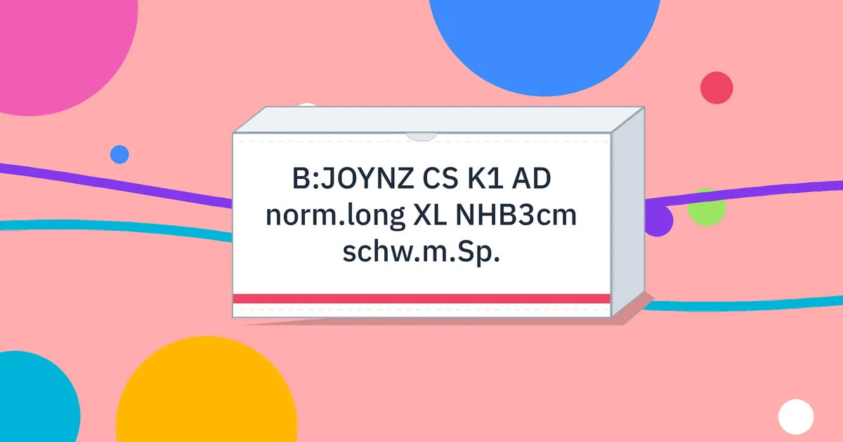 Symbolbild: Packung mit der Aufschrift B:JOYNZ CS K1 AD norm.long XL NHB3cm schw.m.Sp. (PZN 20526282) – Verfügbarkeit und Bezug in Apotheken in Frankfurt am Main