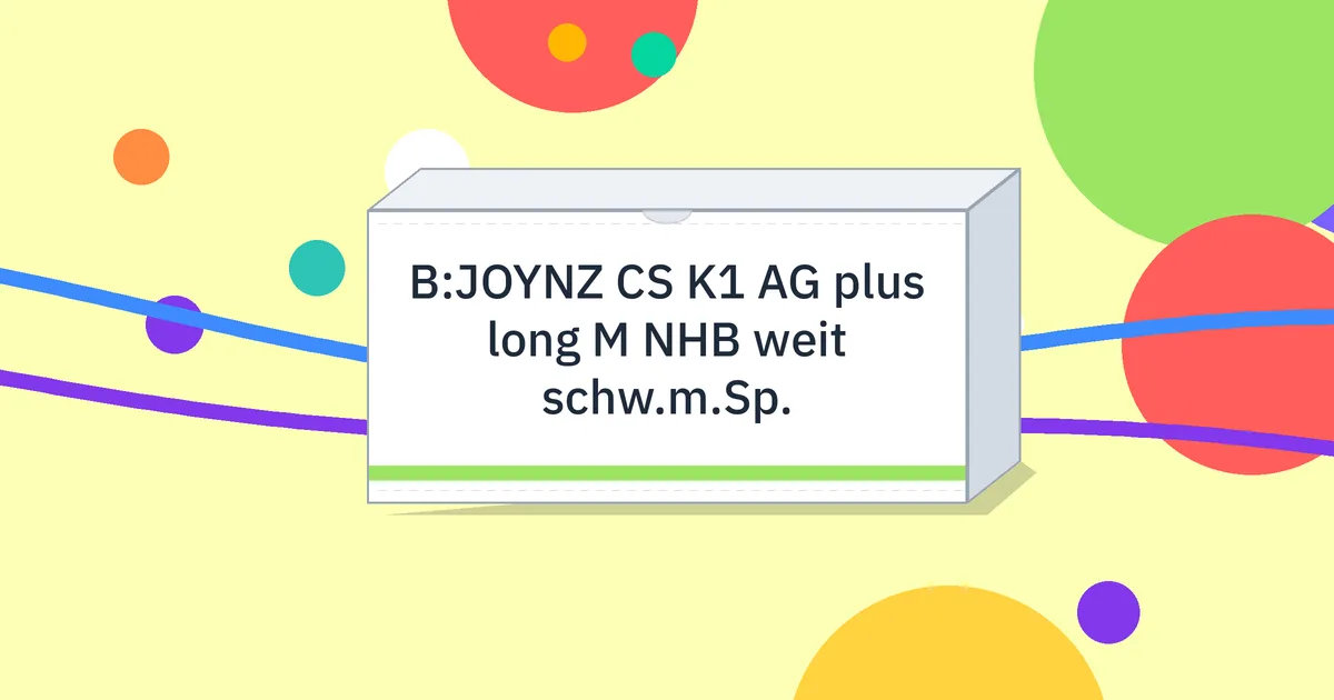 Symbolbild: Packung mit der Aufschrift B:JOYNZ CS K1 AG plus long M NHB weit schw.m.Sp. (PZN 20532348) – Verfügbarkeit und Bezug in Apotheken in Frankfurt am Main